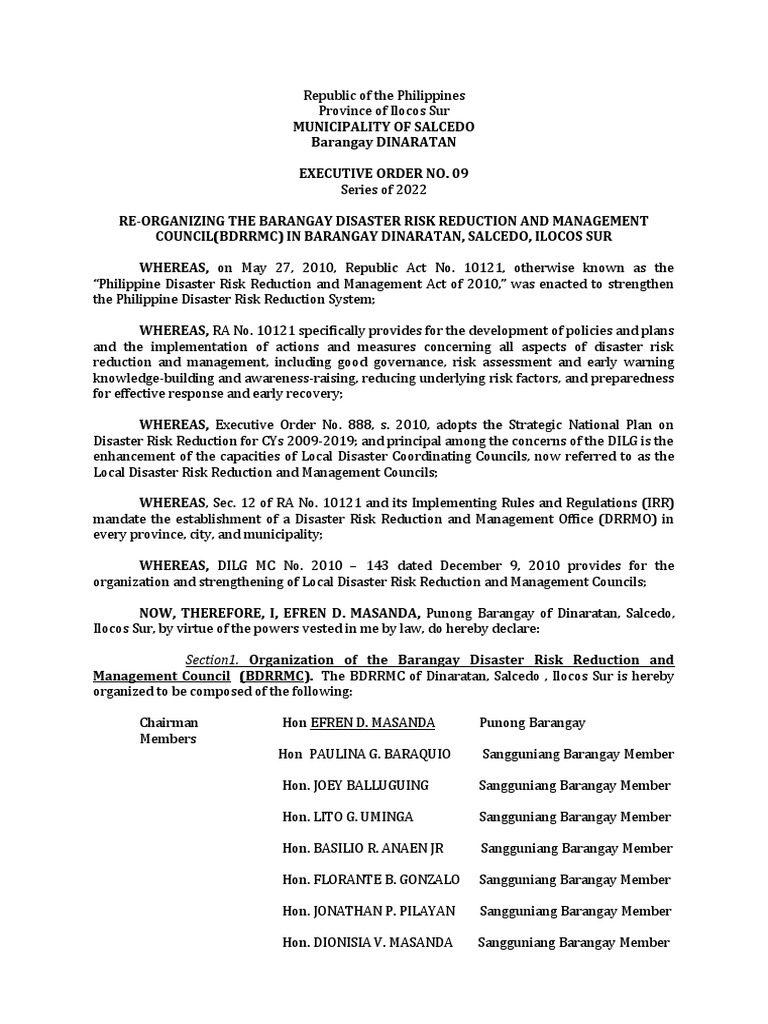 SALCEDO BDRRMC EO Ubbog | PDF | Risk Management | Disaster Risk Reduction