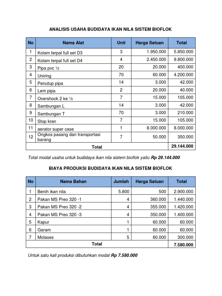 Analisis Usaha Budidaya Ikan Nila Sistem Bioflok | PDF