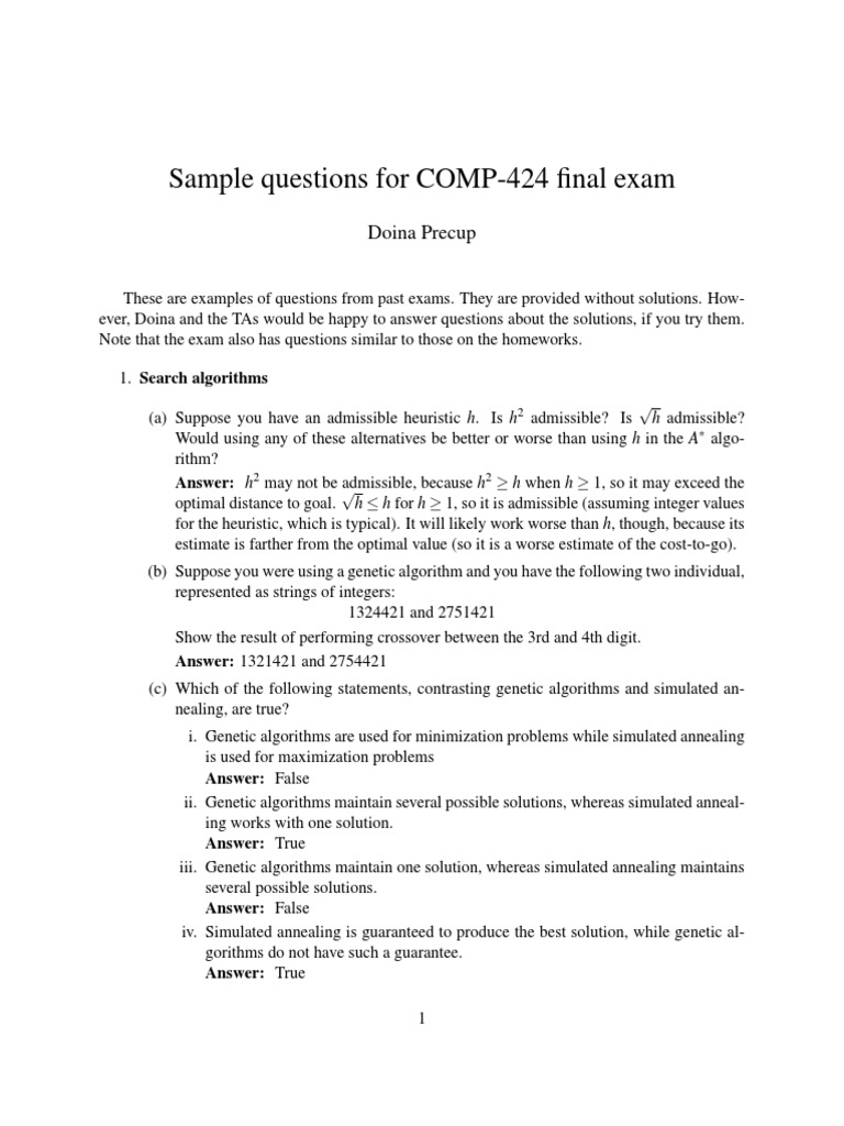 Sample Questions Answers | PDF | Genetic Algorithm | Mathematical Optimization