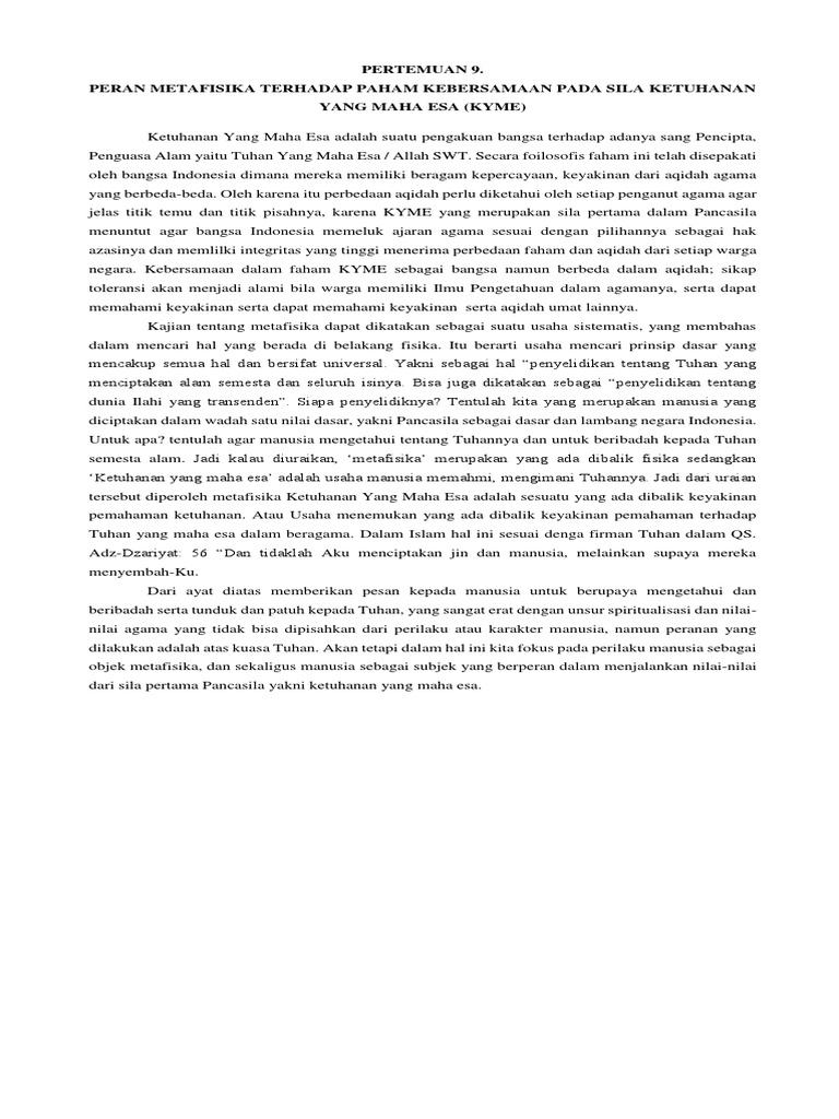 Pert 9. Peran Metafisika Terhadap Paham Kebersamaan Pada Sila Ketuhanan ...