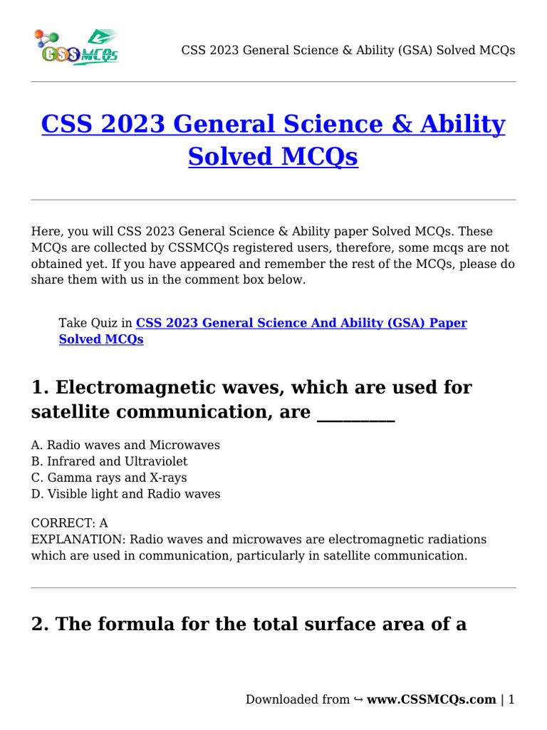 CSS 2023 General Science & Ability (GSA) Solved MCQs | PDF