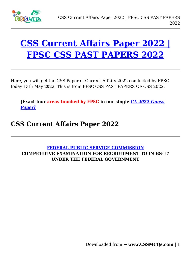 CSS Current Affairs Paper 2022 | PDF | Multiple Choice | Tests