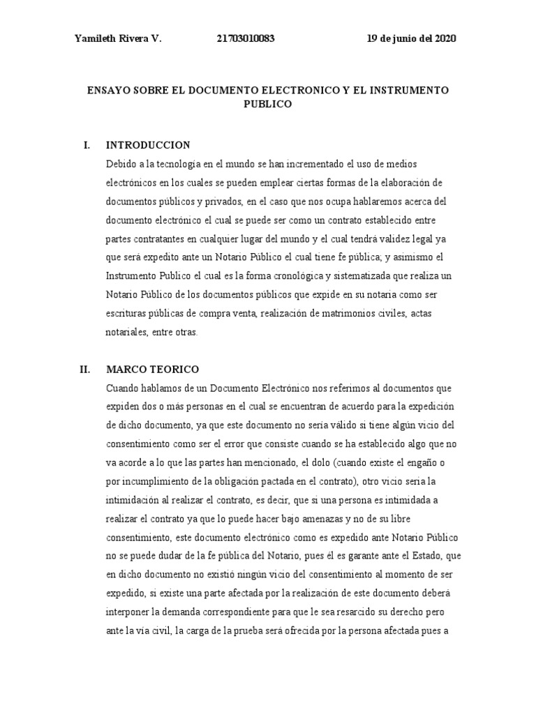 Ensayo Sobre El Documento Electronico y El Instrumento Publico (Yamileth Rivera) | PDF | Ley ...