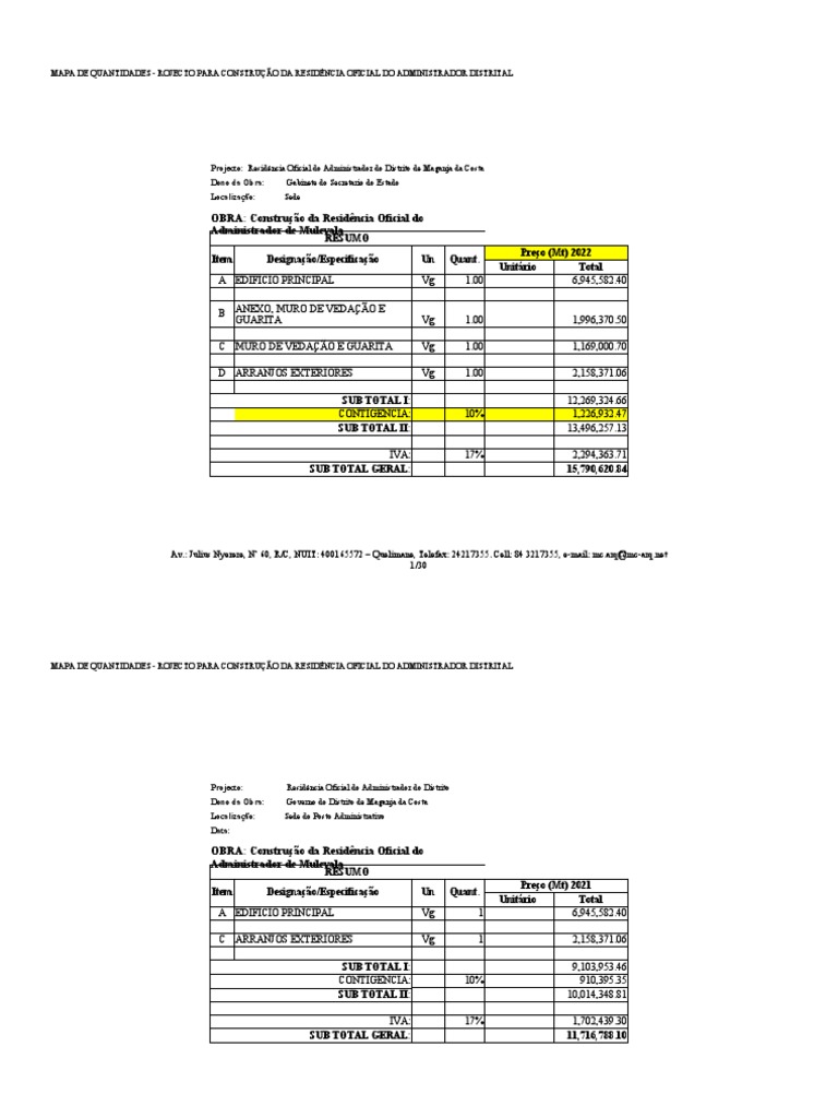Mapa de Quantidades-Maganja 2022 | PDF | Argamassa (alvenaria) | Alvenaria