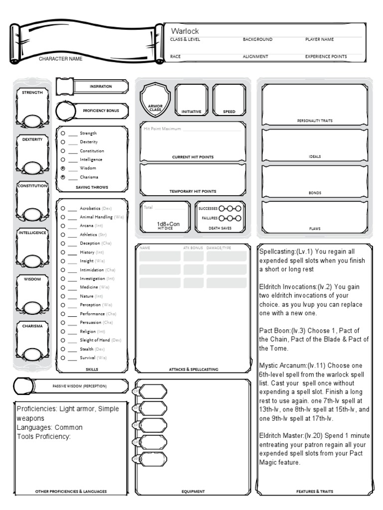 Warlock Character Sheet Filled Out Form | PDF