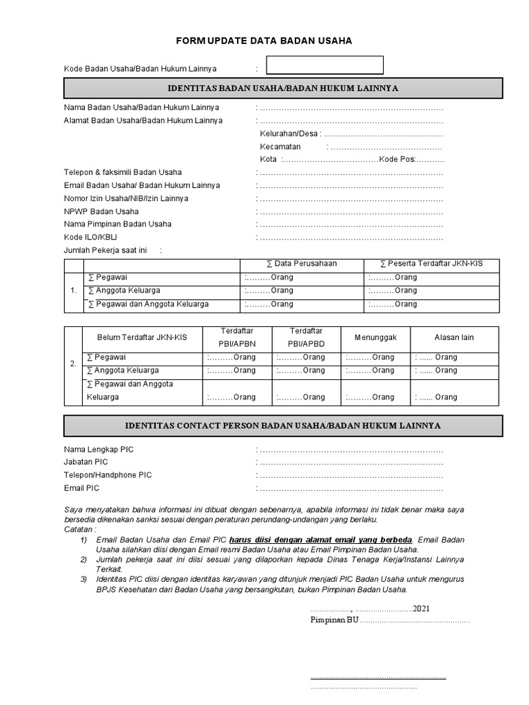 Form Update Data Badan Usaha | PDF