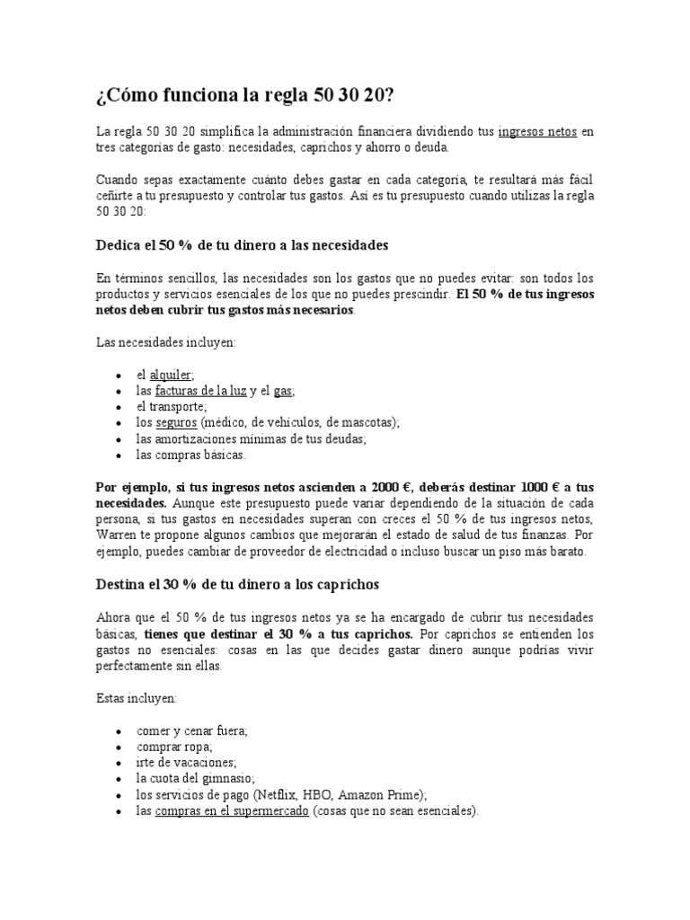 Cómo Funciona La Regla 50 30 20 | PDF | Presupuesto | Ahorro