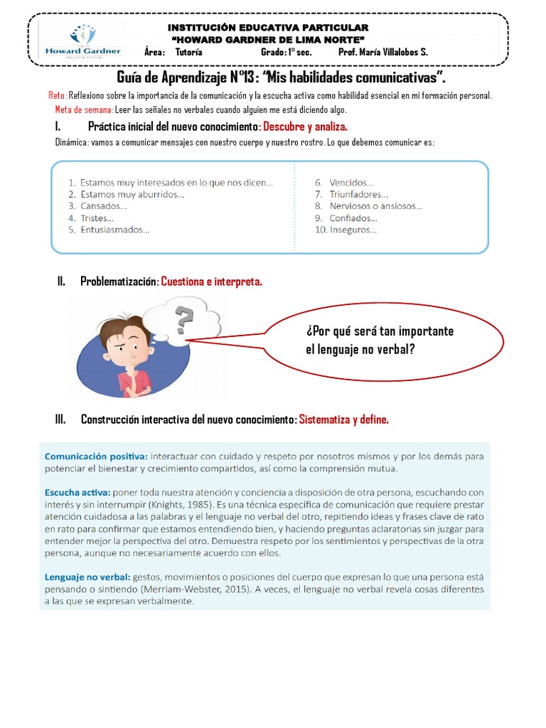 GUIA DE APRENDIZAJE 13 - Tutoría- 1°.Mis habilidades comunicativas | PDF