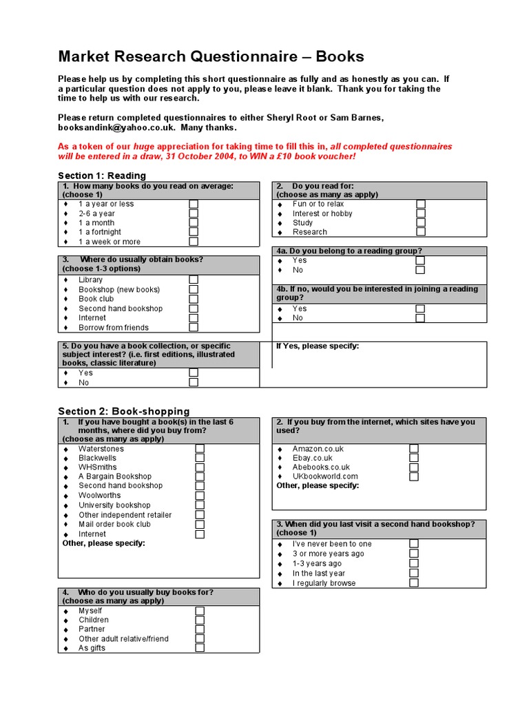 Bookshop Questionnaire | PDF | Books