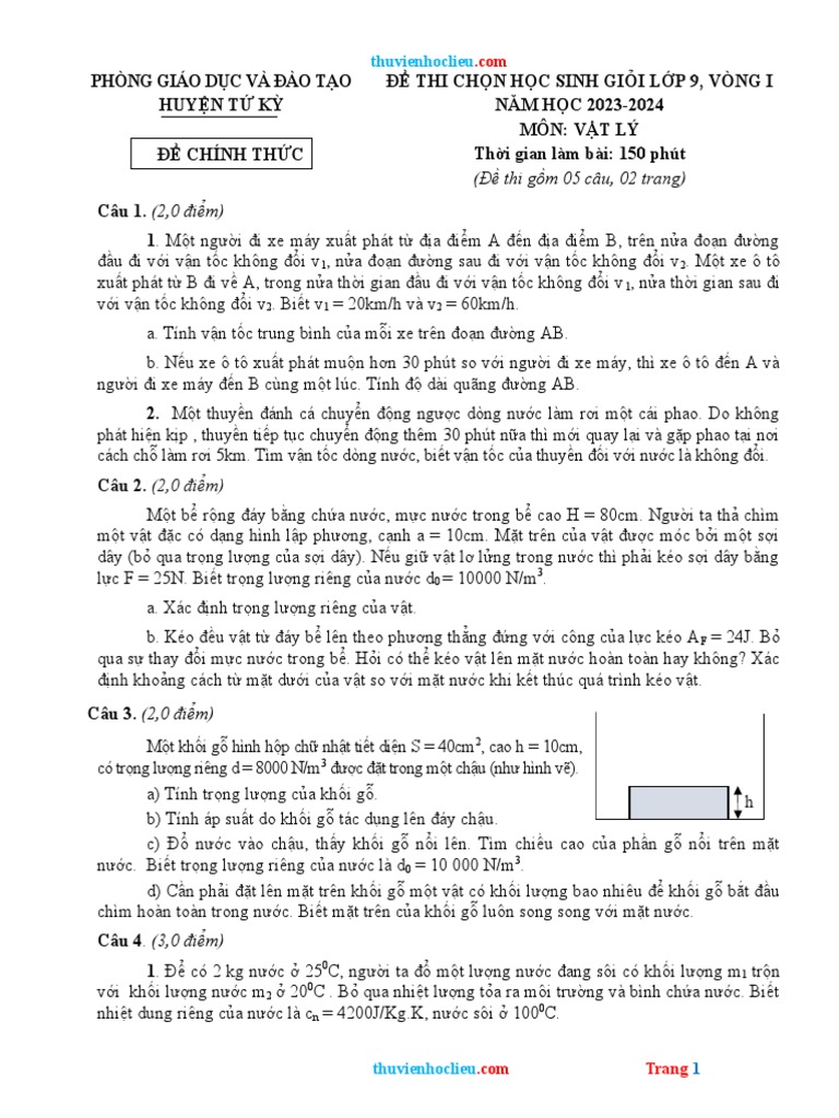 De Thi HSG Vat Li 9 Phong GD Tu Ki 23 24 | PDF