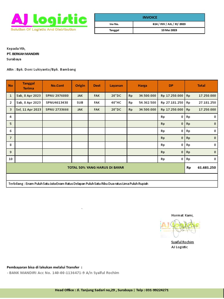 Invoice Pembayaran AJ Logistic 2023 | PDF