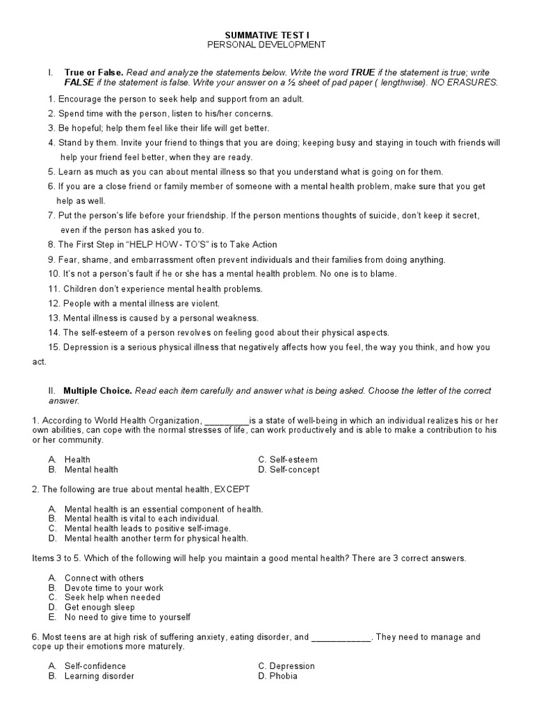 Quarter 4 Summative Test 1 | PDF | Mental Health | Mental Disorder