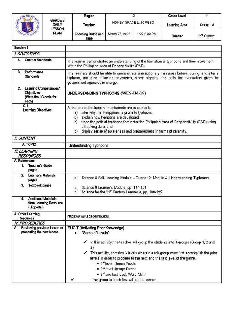Lesson Plan (Understanding Typhoon) | PDF | Learning | Teachers