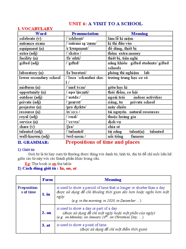 Grade 7 Unit 6: School Vocabulary & Grammar | PDF