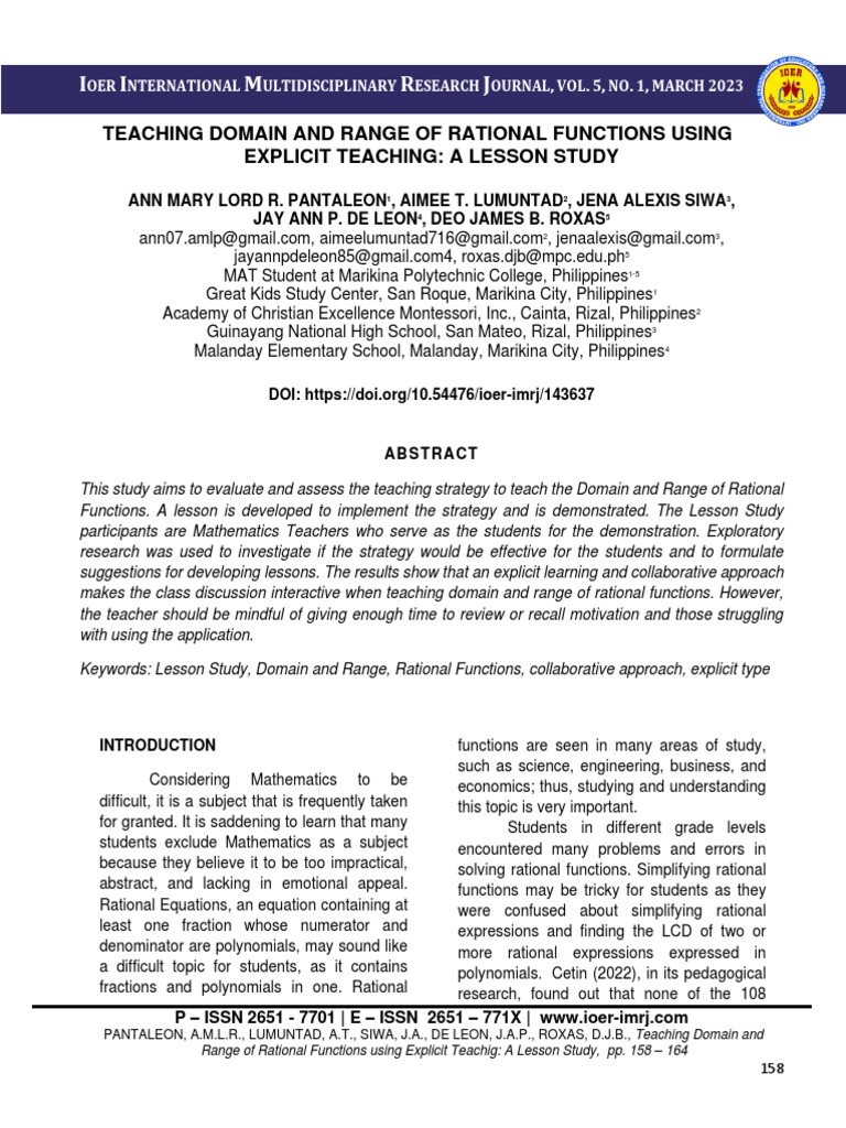 Teaching Domain and Range of Rational Functions Using Explicit Teachig ...