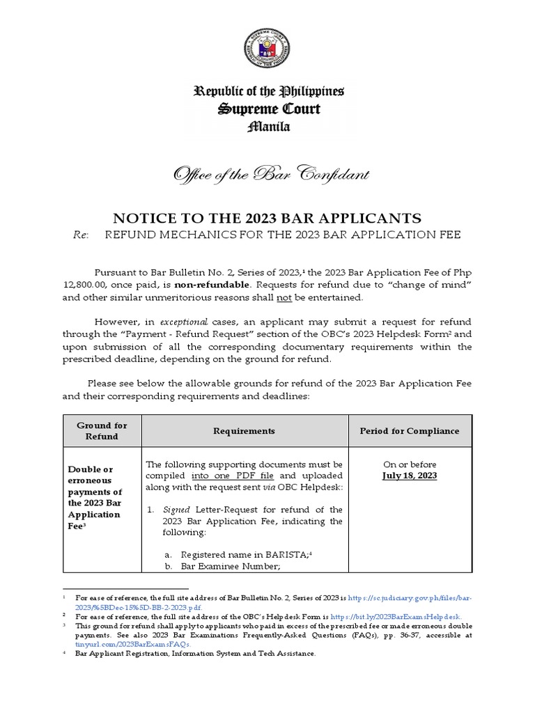 2023 Bar Notice Re Refund Mechanics | PDF | Banks | Notary Public