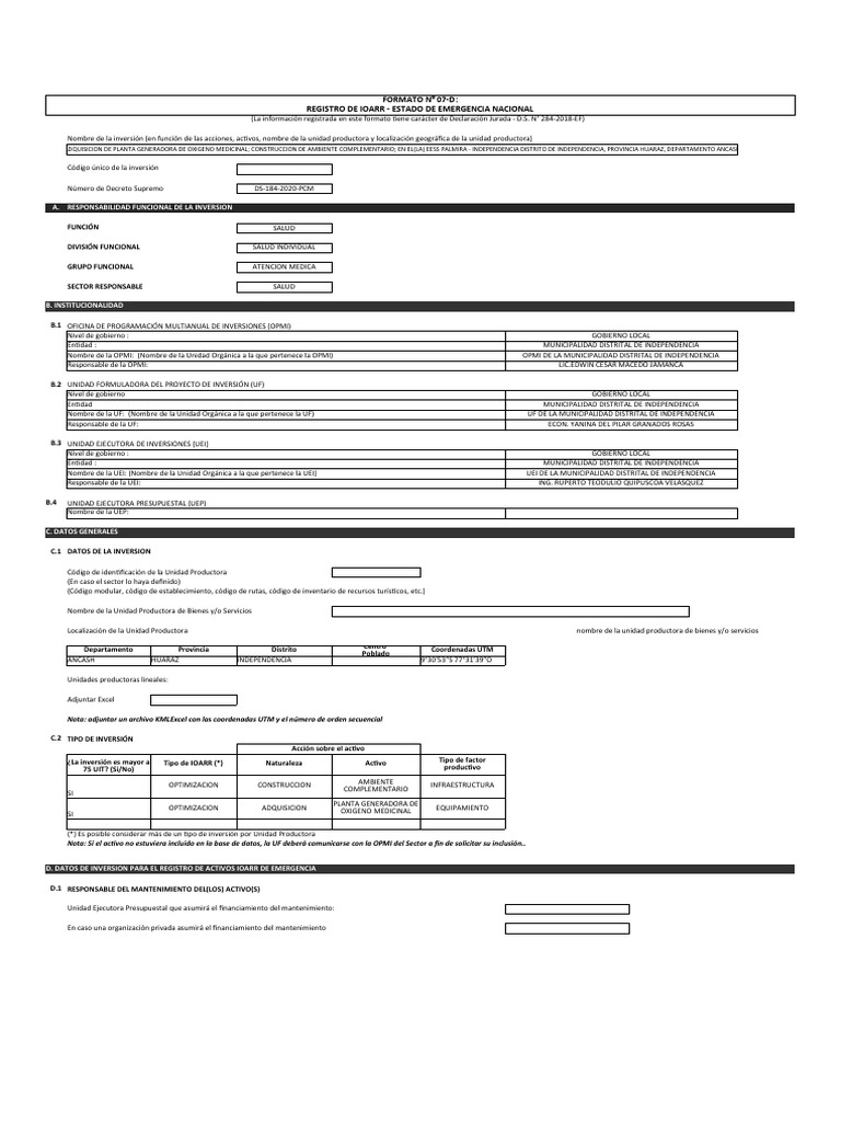Formato 7D - Mdi | Descargar gratis PDF | Infraestructura | Oxígeno