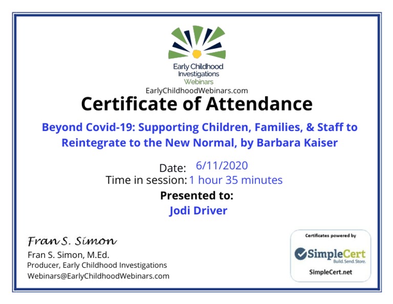 Early Childhood Investigations Webinars Certificate 1 | PDF