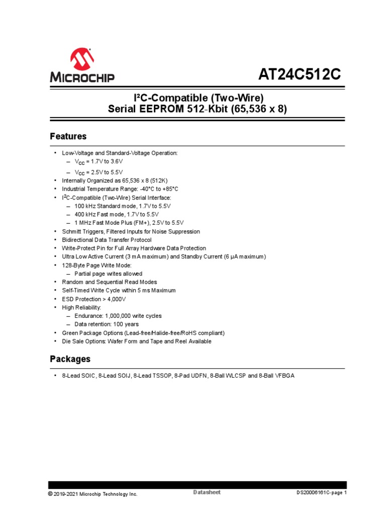AT24C512C I C Compatible (Two Wire) Serial EEPROM 512 Kbit (65,536x8) 20006161C | PDF