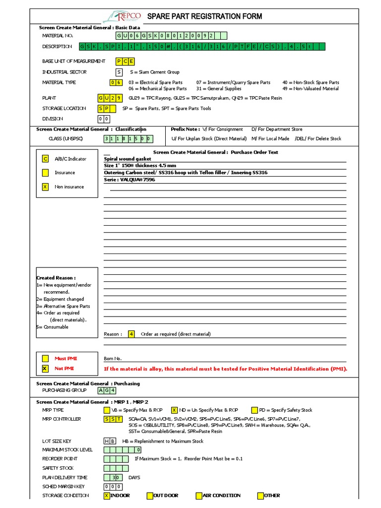 Spare Part Registration Form | PDF