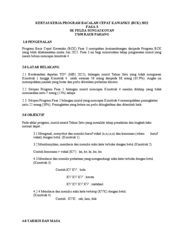 Kertas Kerja BCK 2022 SKSK | PDF