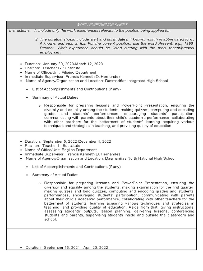 Work Experience Sheet | PDF | Teachers | Internship
