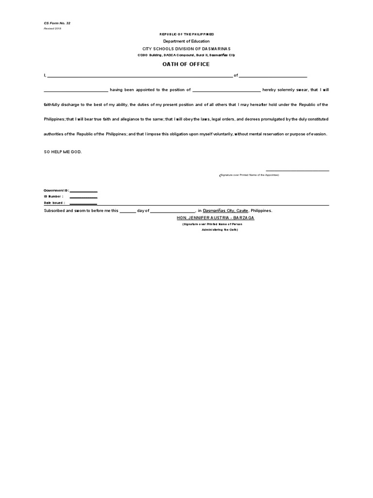 Oath of Office - 2022 CS Form No. 32 Rev 2018 | PDF