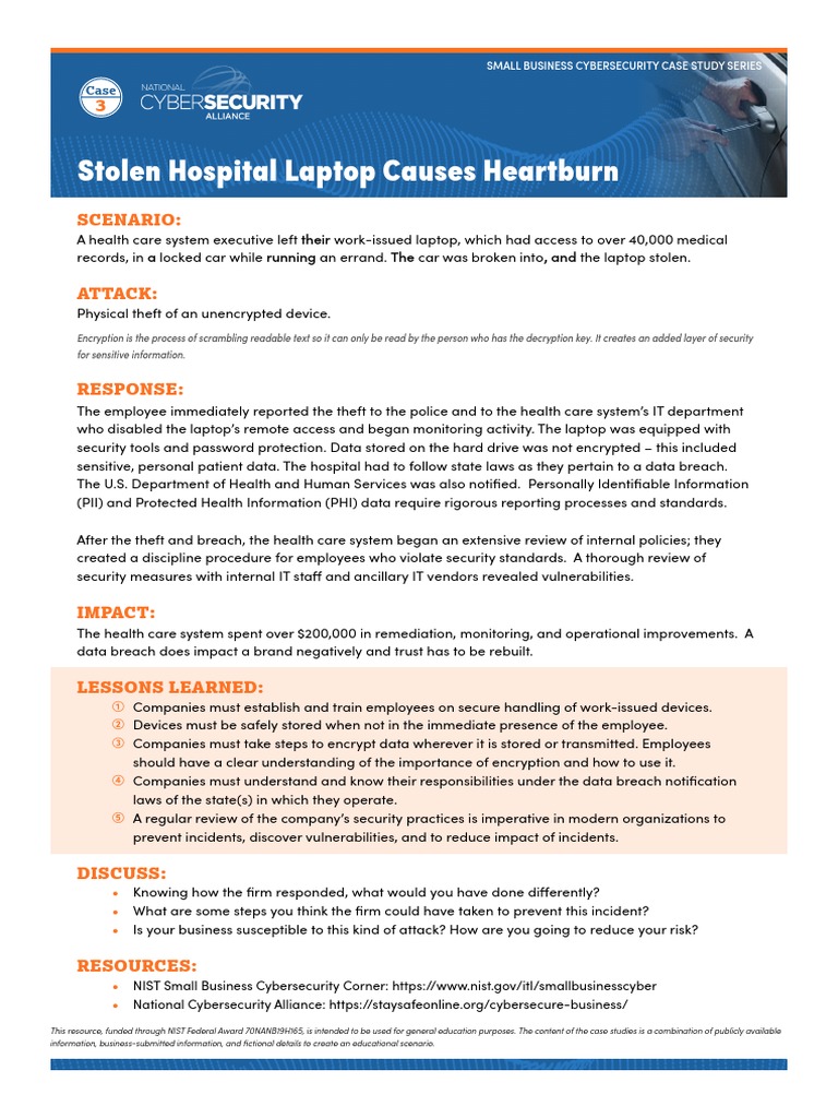 Cybersecurity-Case-2 Stolen Hospital Laptop Causes Heartburn | PDF ...