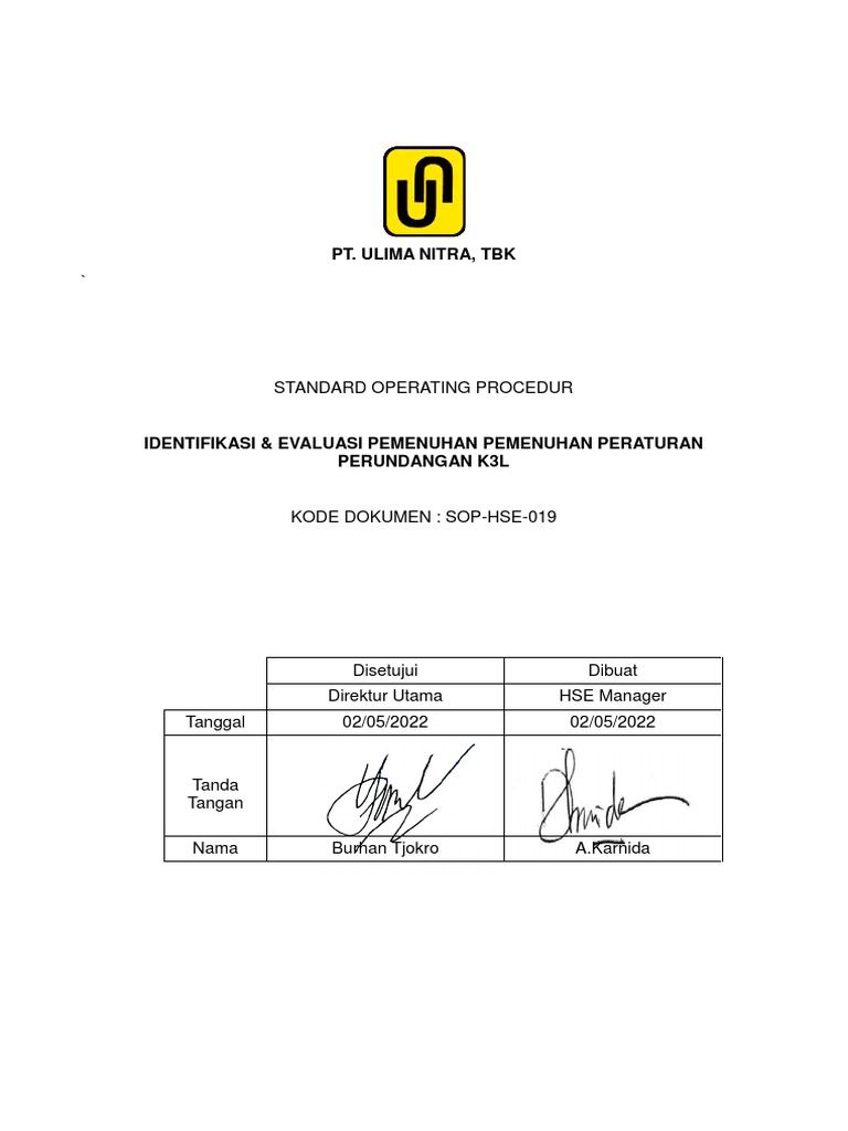 SOP-HSE-019 Rev0 - Identifikasi - Evaluasi Pemenuhan-Pemenuhan Peraturan Perundangan K3L | PDF