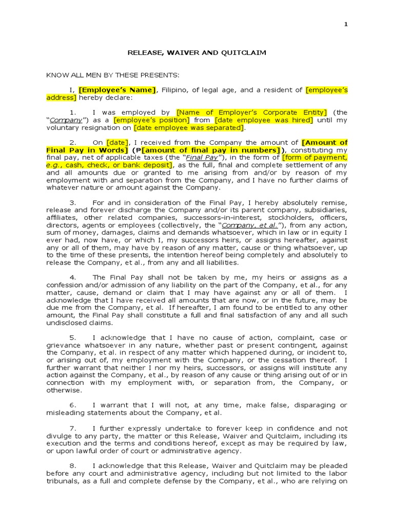 (SAMPLE) Release, Waiver and Quitclaim | PDF | Employment | Government