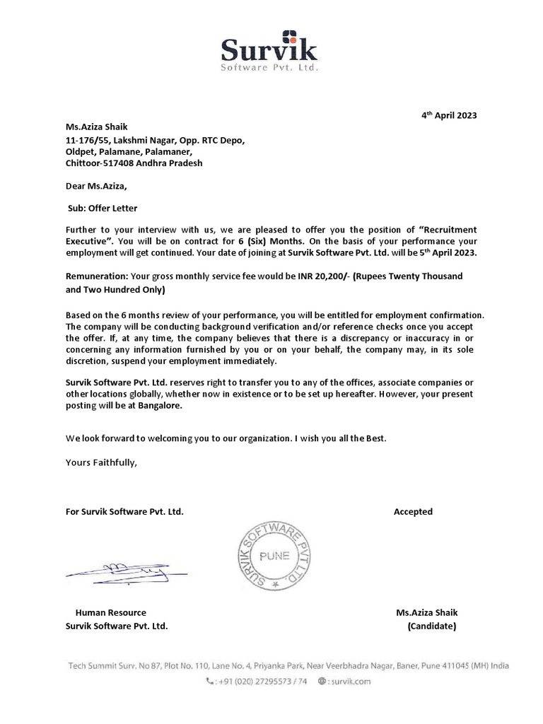 Aziza Shaik - Offer Letter | PDF