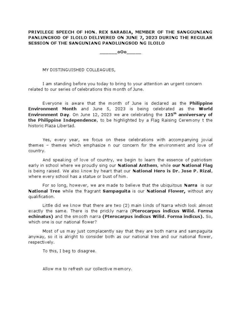 Privilege Speech of Hon. Rex Sarabia, Member of The Sangguniang ...