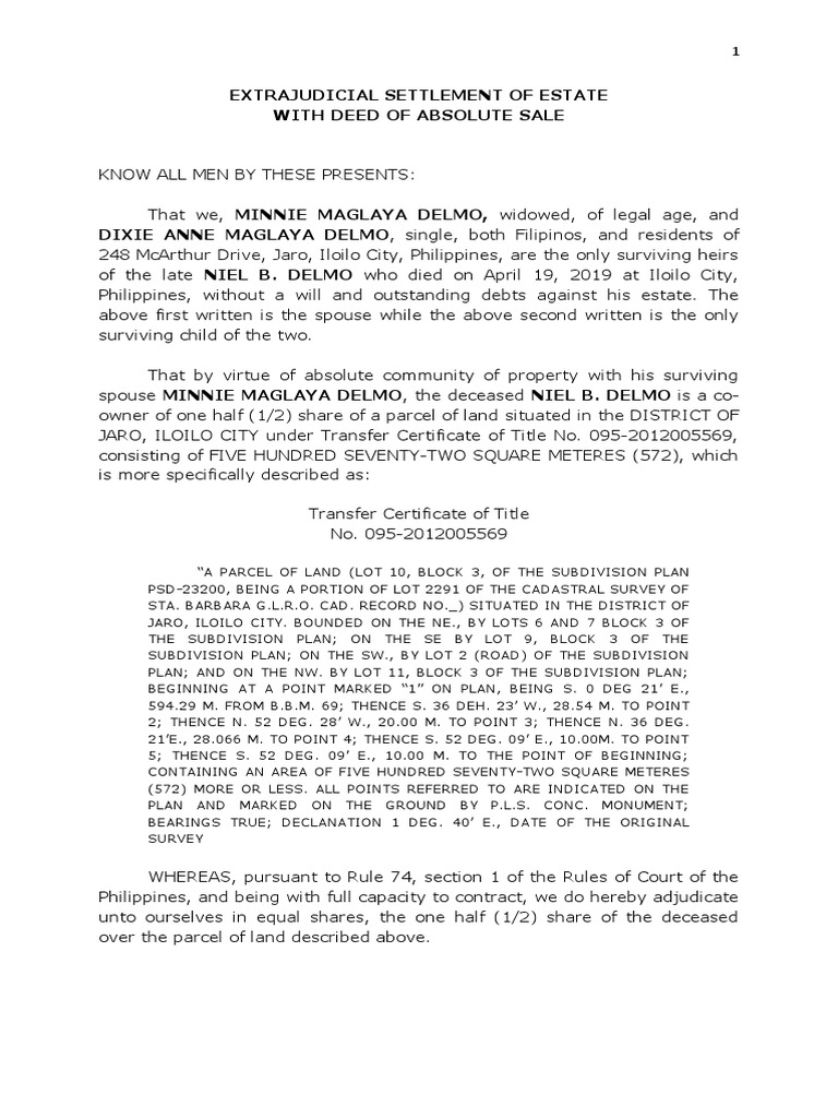 Deed of Adjudication of Heirs With Absolute Sale | PDF | Title ...