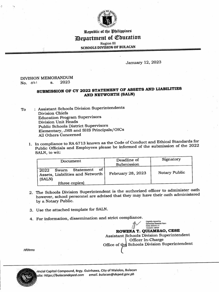 Div Memo No. 021, S. 2023 Submission of Cy 2022 Statement of Assets and ...