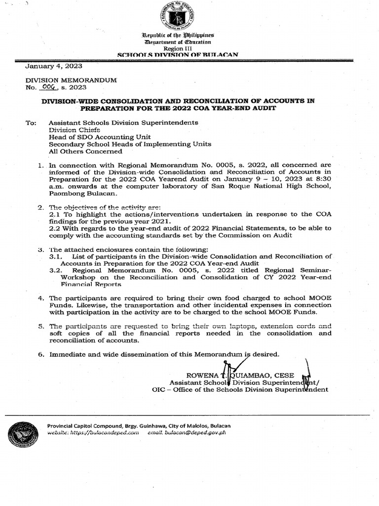 Div Memo No. 006, S. 2023 Division-Wide Consolidation and Reconciliation of Accounts in ...