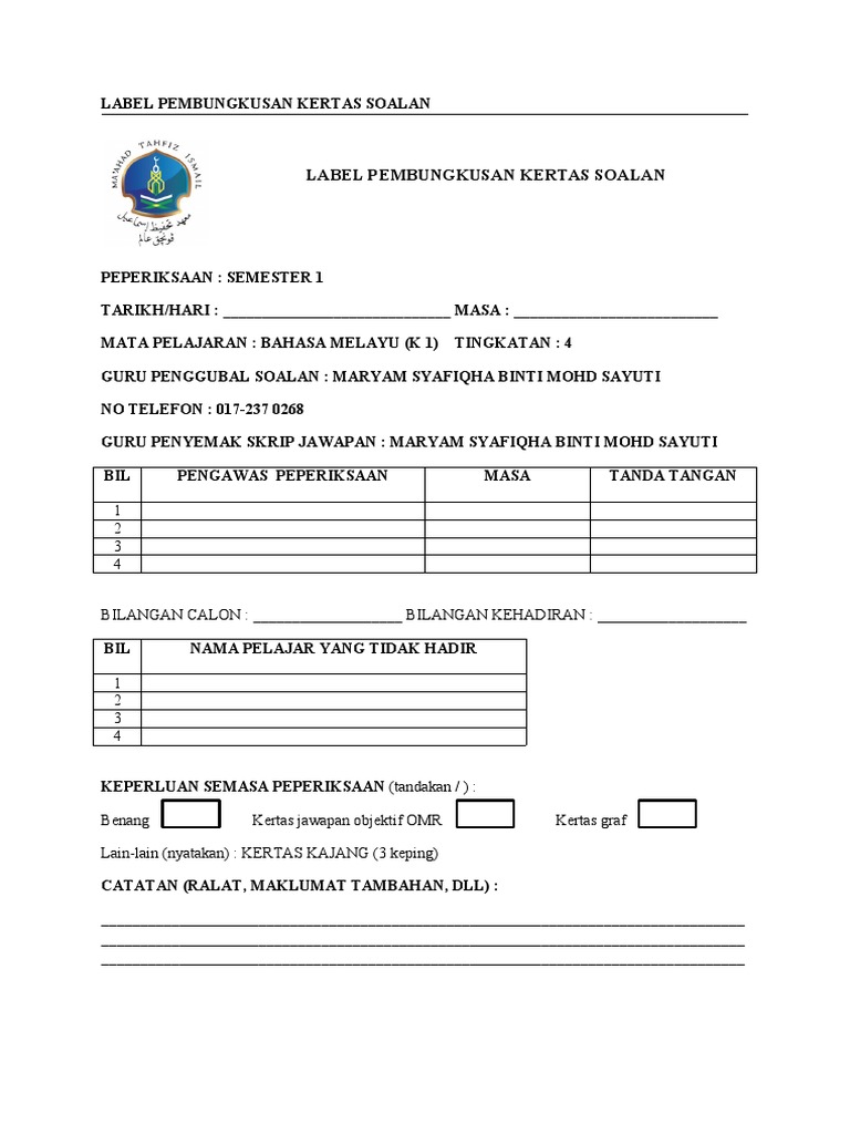 Contoh Label Pembungkusan Kertas Soalan | PDF