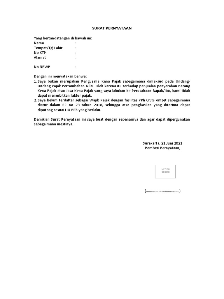 Surat Pernyataan Non-Pengusaha Kena Pajak | PDF