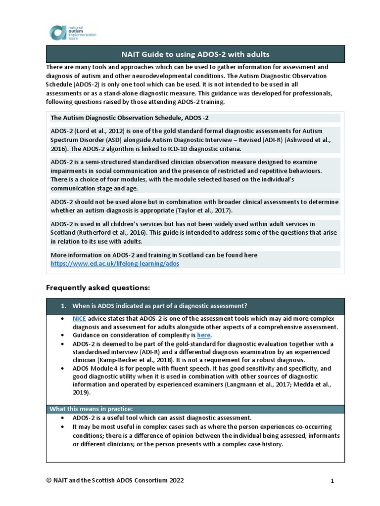 NAIT Guide To Using ADOS With Adults FAQs 2022 | PDF | Science ...