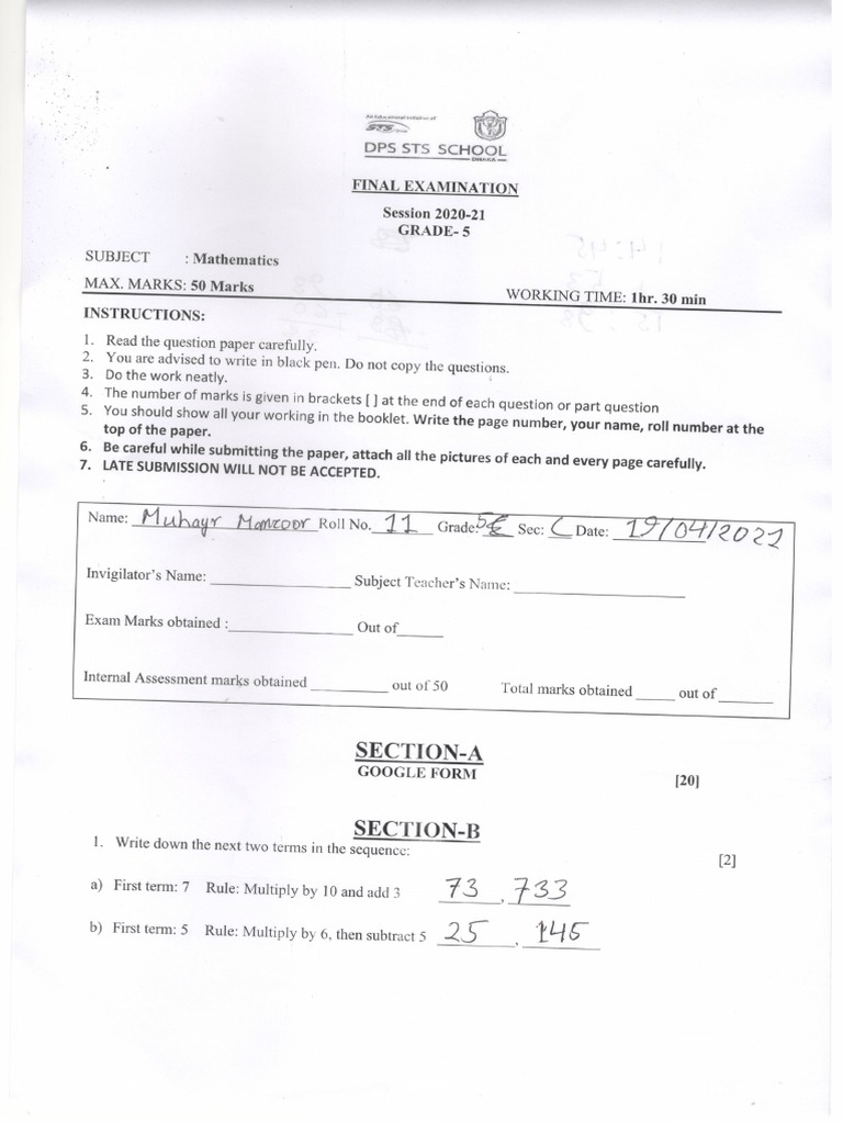 Maths Final Term Exam 2020-2021 | PDF