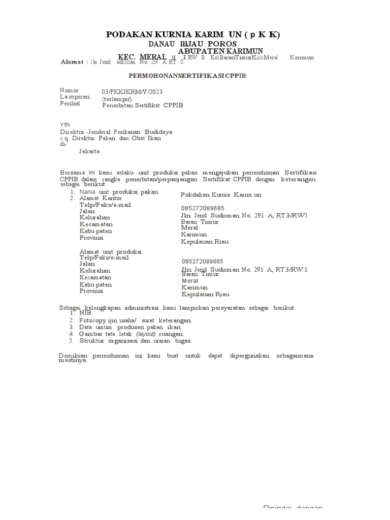 Permohonan Sertifikasi CPPIB Kurnia Feed Karimun | PDF