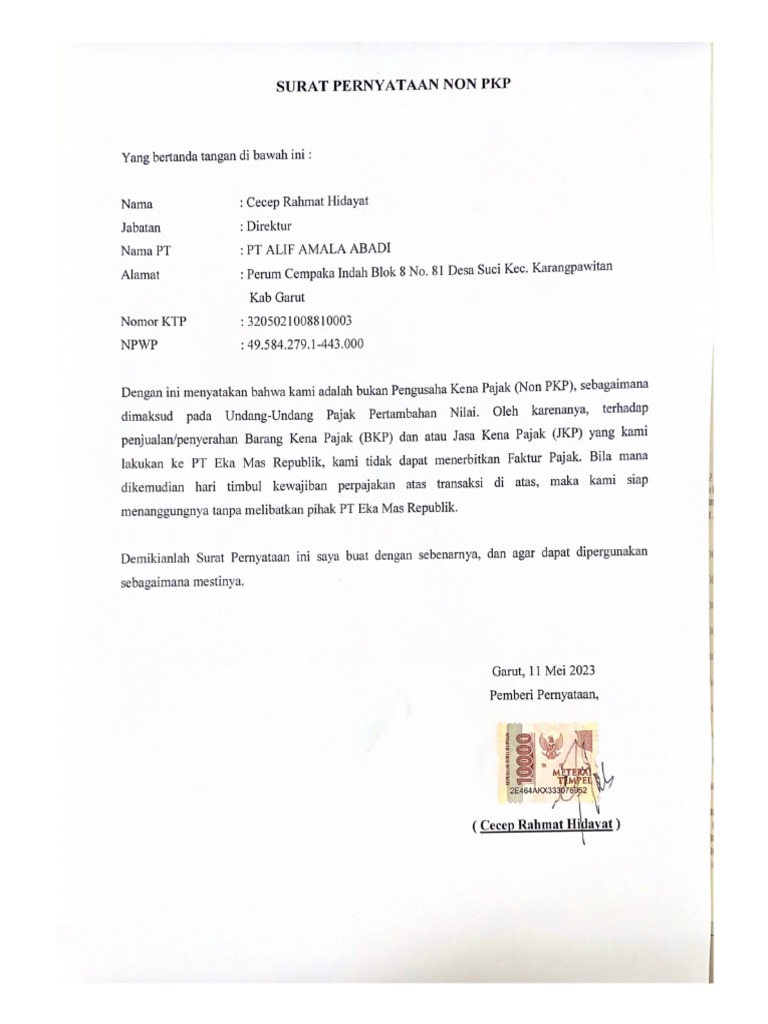Surat Pernyataan Non PKP | PDF