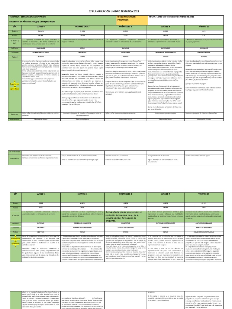 1° PLANIFICACION DIARIA PRE KINDER B PINGUINOS (1) | PDF | Lápiz ...