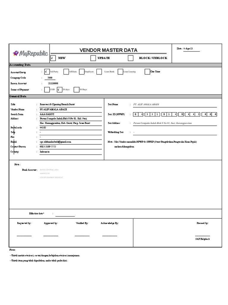 SAP New Vendor Form | PDF