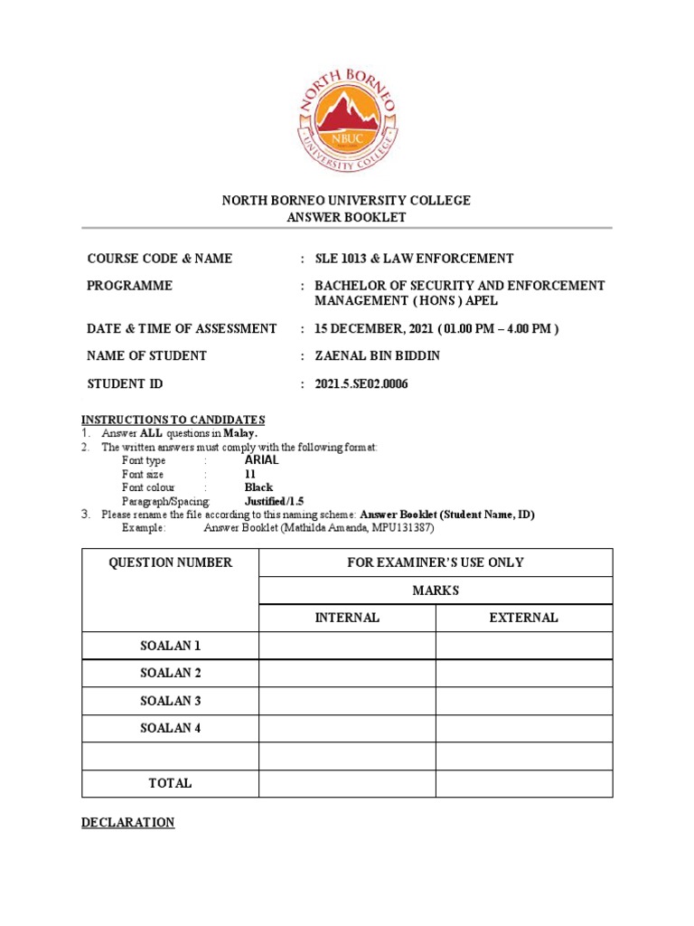 Answer Script Sle 1013 Law Enforcement Zaenal Bin Biddin, 2021 5 | PDF ...