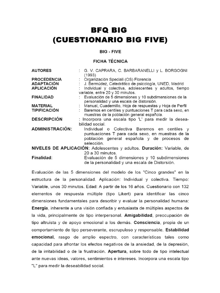 BFQ Big Five Ficha Técnica - TOAZ - INFO | PDF