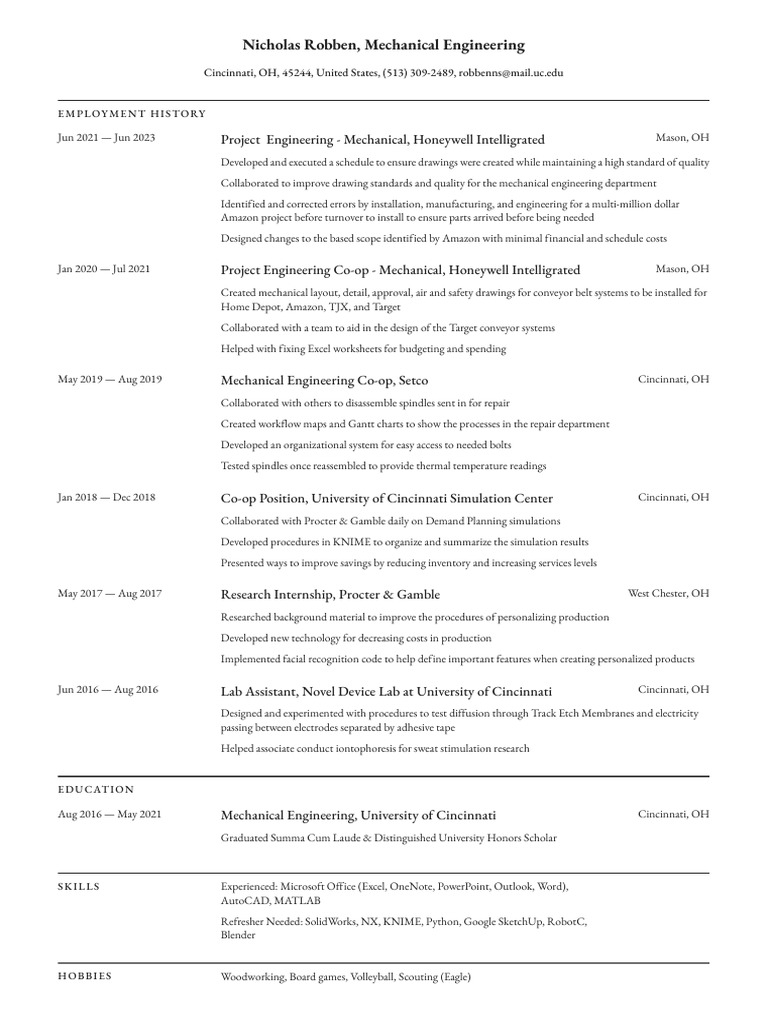 Nicholas Robben: Mechanical Engineer Profile | PDF | Engineering ...
