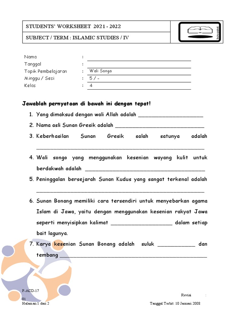Islam - Week 5 - Term 4 - (Worksheet) Wali Songo - 2022 | PDF