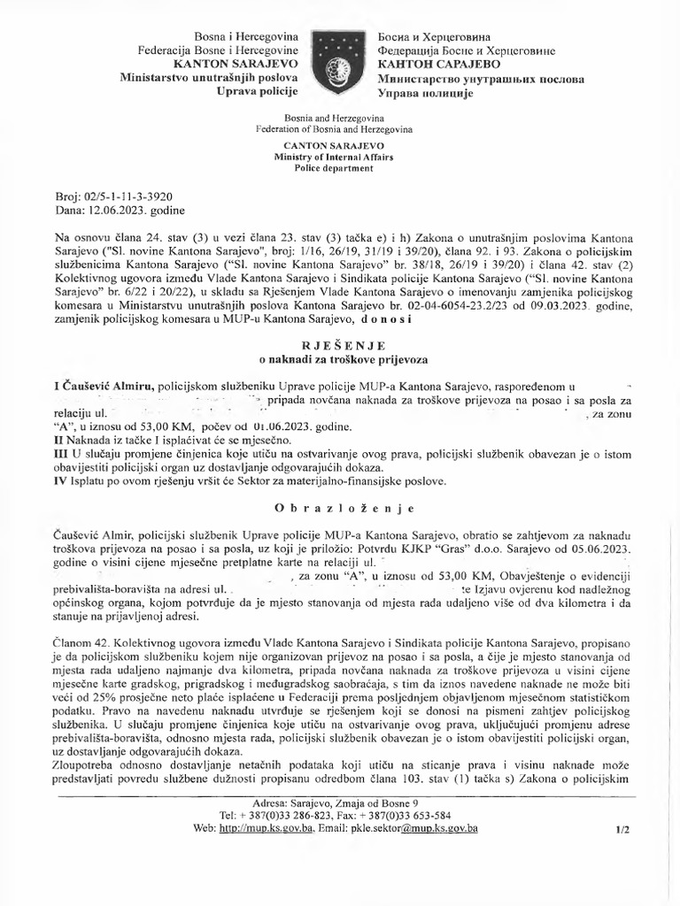 Rješenje - Naknada Za Troškove Prevoza Maj 2023 | PDF