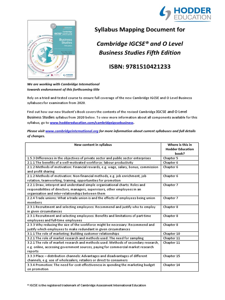 IGCSE Business SB Syllabus Map Final | PDF | Employment | Market (Economics)
