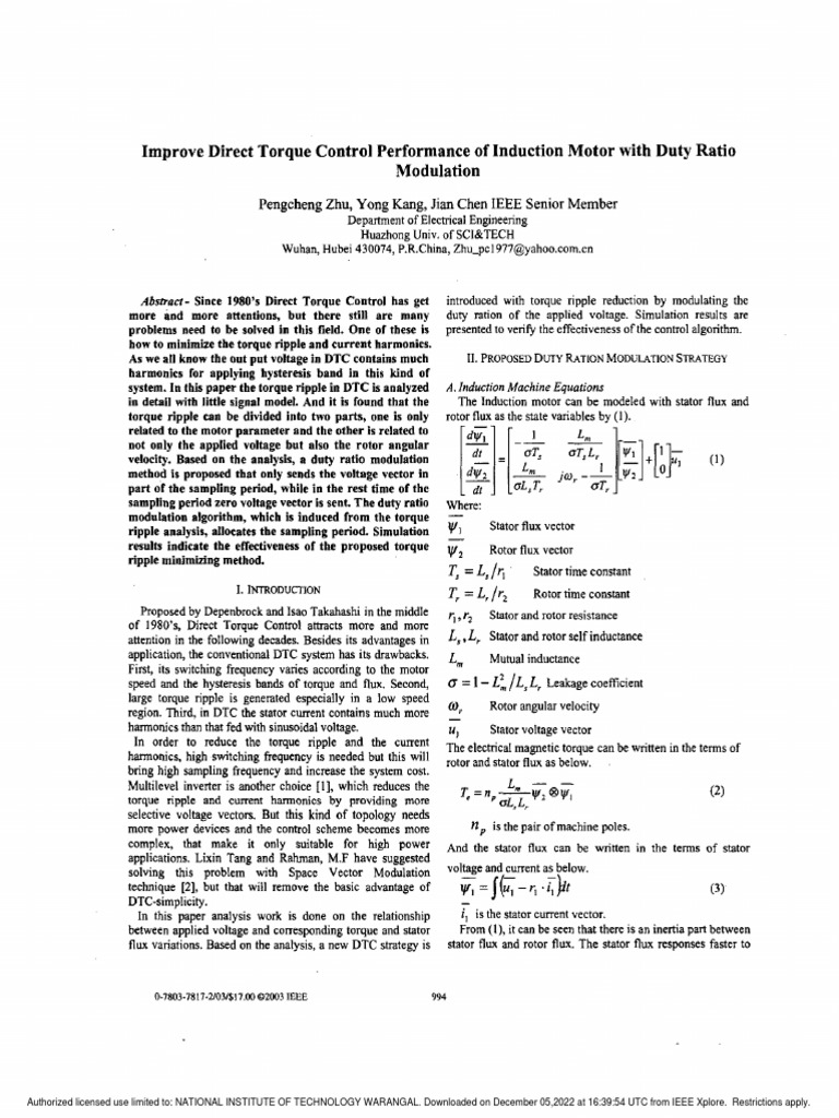 Improve Direct Torque Control Performance Of Induction Motor With Duty